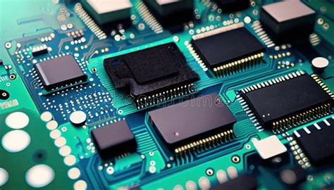 Electronic Circuit Board Close Up With Electronic Components Such As Chips Printed Circuit