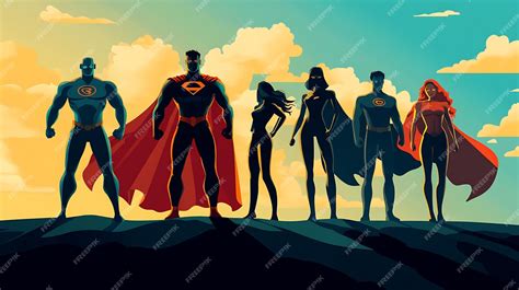 Superhero Team Standing Together Against A Sunset Sky Premium Ai