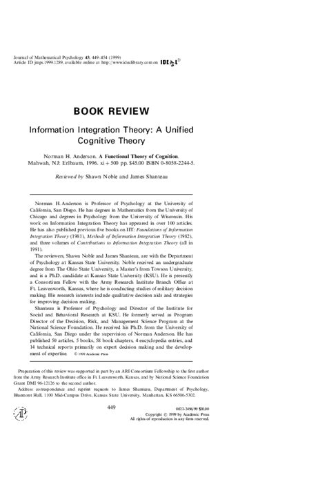 Pdf Information Integration Theory A Unified Cognitive Theory