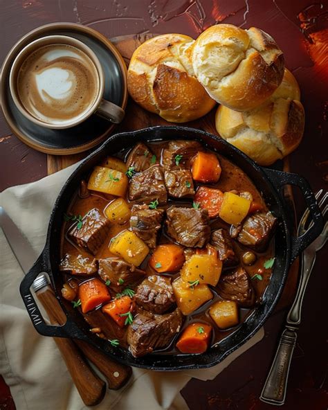 There Is A Bowl Of Stew And Bread On A Table Premium Ai Generated Image