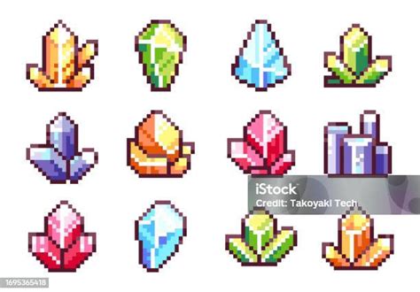 Pixel Art Crystal Icons Collection Retro 8bit Video Game Treasures Loot