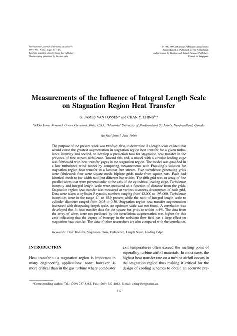 Pdf Measurements Of The Influence Of Integral Length Scale On Stagnation Region Heat Transfer