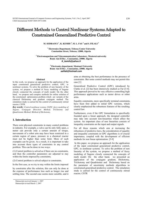 Pdf Different Methods To Control Nonlinear Systems Adapted To Constrained Generalized