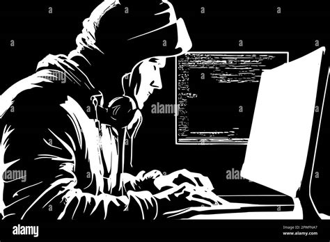 Silhouette Of A Hacker Working On A Computer In A Dark Room Stock Vector Image And Art Alamy