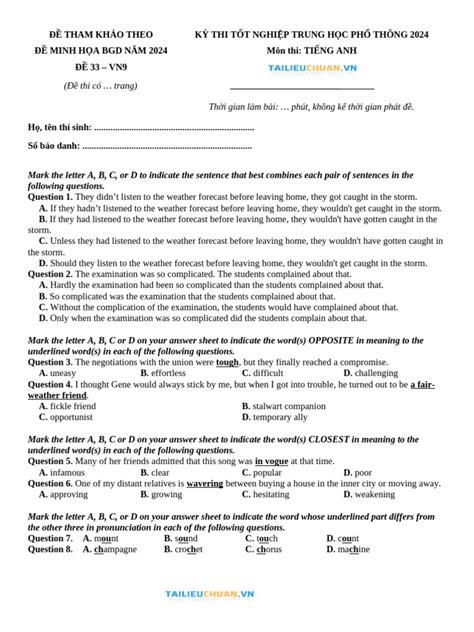 ĐỀ Vip 33 PhÁt TriỂn ĐỀ Minh HỌa Tham KhẢo Bgd MÔn Anh NĂm 2024 Vn9