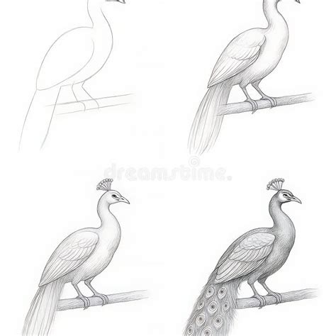 Step By Step Pencil Drawing Tutorial Showing The Creation Of A Detailed Peacock Illustration