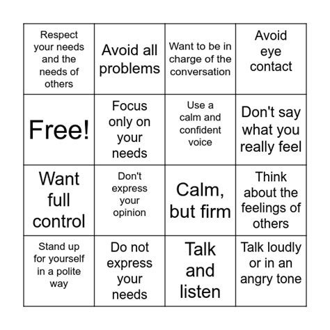 Passive Assertive Or Aggressive Bingo Card