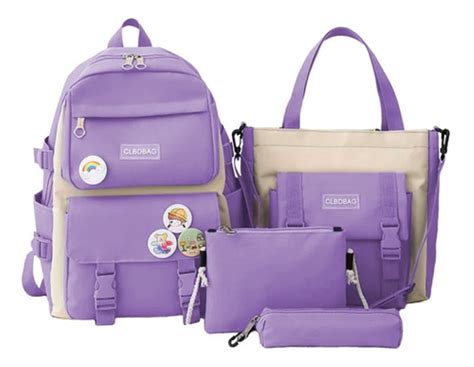Mochilas Set 4 Pzs Escolar Bolsas Lapicera Morado