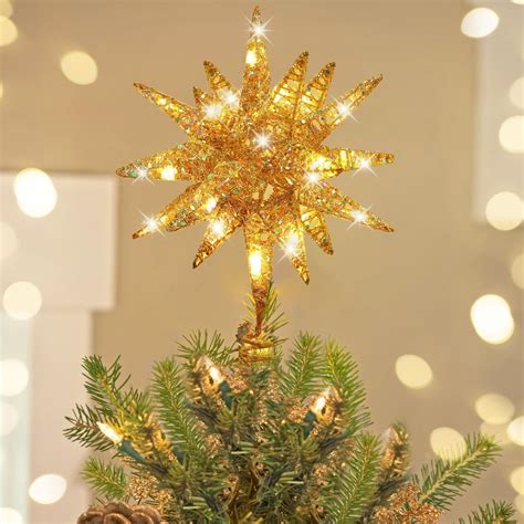 Luxspire Lighted 3d Star Christmas Tree Topper Led With Timer Gold Decorations For Home Party