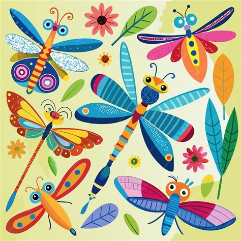 Las Coloridas Libélulas Que Vuelan Dibujadas A Mano Vector Premium Generado Con Ia