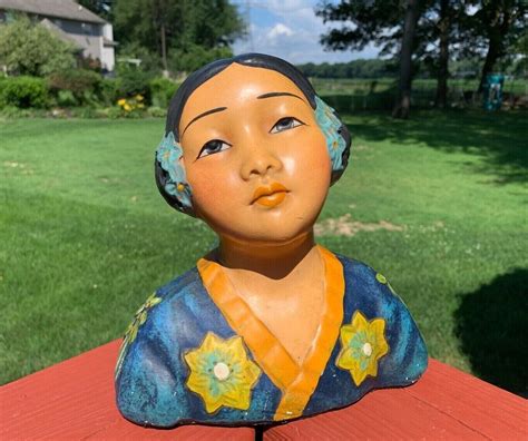 1918 Chalkware Plaster Polychrome Bust Chinese Girl Asian Esther Hunt