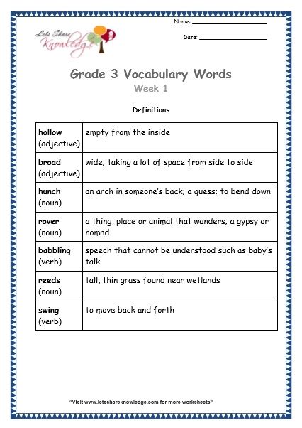 Grade 3 Vocabulary Worksheets Week 1 Lets Share Knowledge