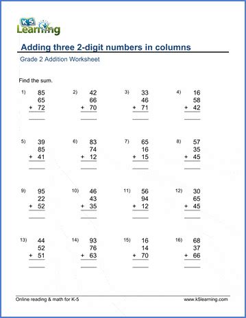 Grade Math Worksheets Adding Three Digit Numbers In Columns K Learning