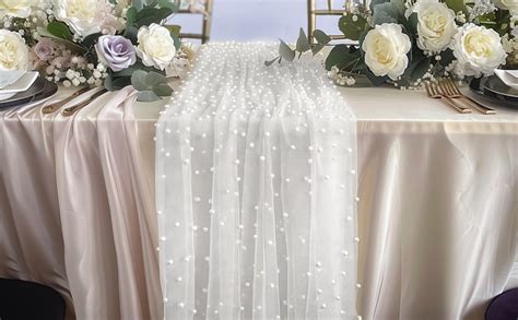 Yuuzue White Pearl Table Runner Tulle Fabric Lace