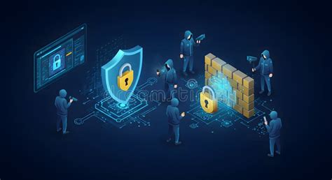 Isometric Cybersecurity Illustration Showing Data Protection And Hackers Trying To Breach Stock