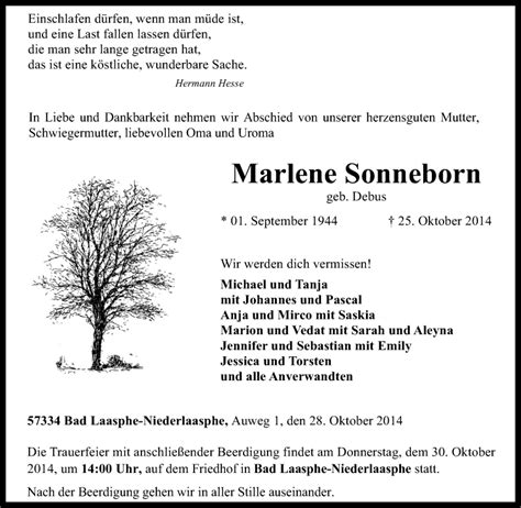 Traueranzeigen Von Marlene Sonneborn Trauer In Nrwde
