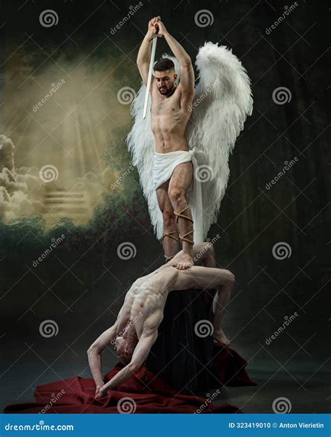 Divine Judgment Man With Angel Wings Stands Over Another Man Holding
