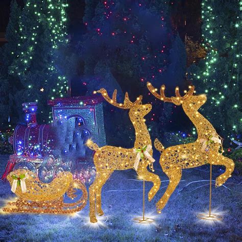 3 Piece Lighted Christmas Reindeer Sleigh Outdoor Decoration 3d Pre Lit