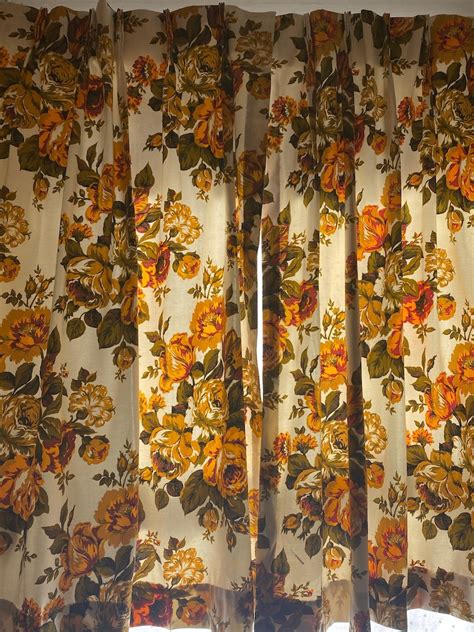 Vintage 1970s Floral Cafe Curtain Panel Orange Flower Power Pleat Top