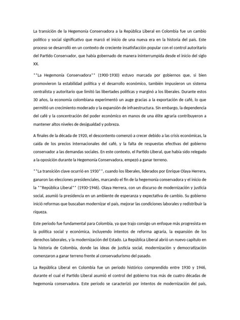 la transición de la hegemonía conservadora a la república liberal en