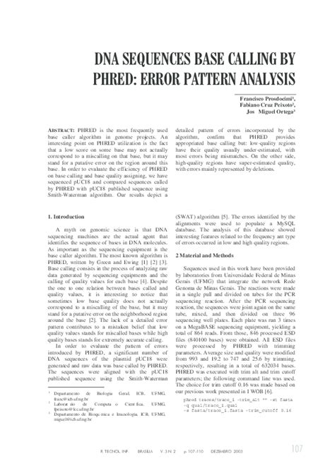 Pdf Dna Sequences Base Calling By Phred Error Pattern Analysis