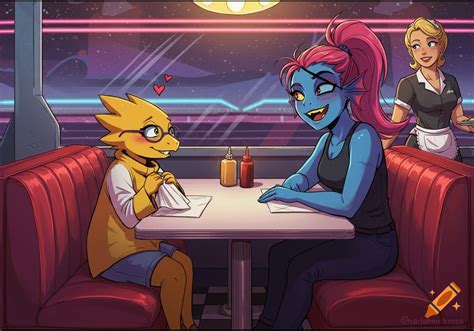 Alphys And Undyne From Undertale On A Date In A Retro Diner With A