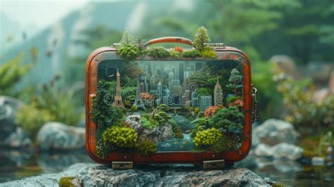 Miniature City Inside A Suitcase Generative Ai Stock Illustration