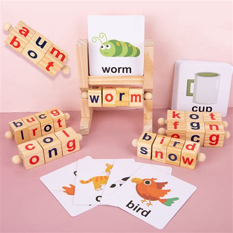 Wooden Words Spelling Game Alphabet Letters Reading Building Blocks