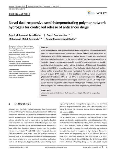 Pdf Novel Dual‐responsive Semi‐ipn Hydrogels For Controlled Release Of Anticancer Drugs
