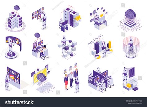 Robotic Process Automation Isometric Icons Isolated Stock Vector