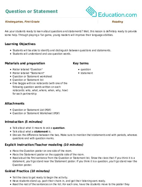 Question Or Statement Lesson Plan