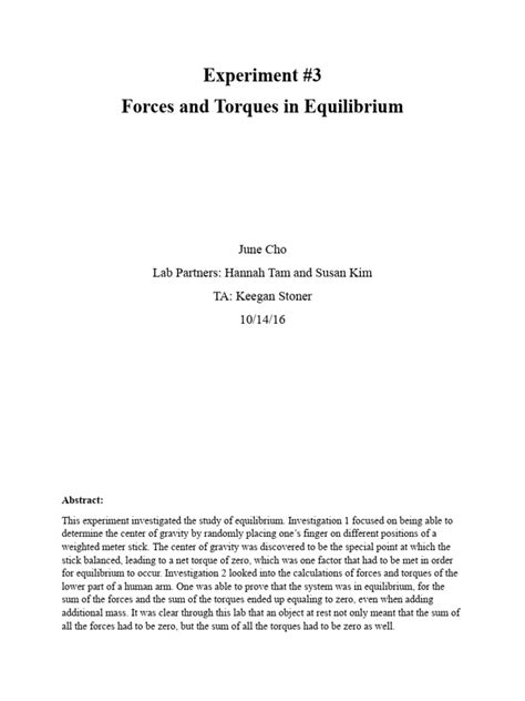 Physics Lab 3 Forces And Torques In Equilibrium June Cho Pdf Force