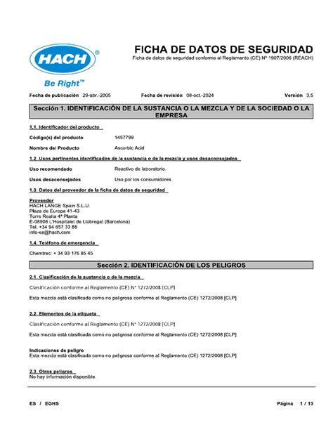 Fds Ácido Ascorbico Hach 08102024 Pdf