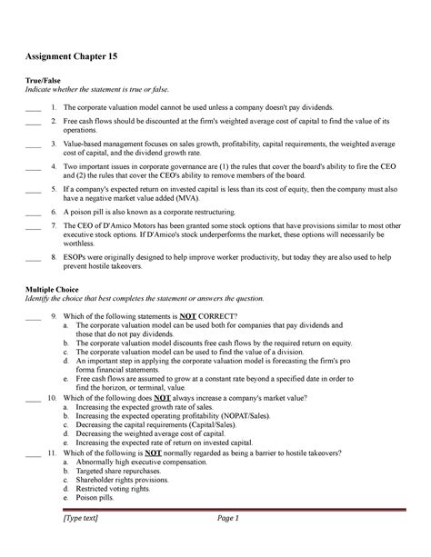 Corporate Valuation Assignment Chapter 15 Truefalse Indicate Whether