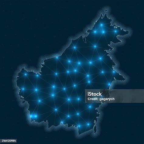 보르네오 네트워크 지도 섬의 추상적인 기하학적 지도입니다 디지털 연결 및 통신 설계 빛나는 인터넷 네트워크 생생한 벡터 일러스트 레이 션 0명에 대한 스톡 벡터 아트 및
