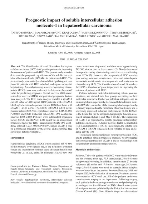 Pdf Prognostic Impact Of Soluble Intercellular Adhesion Molecule‑1 In Hepatocellular Carcinoma