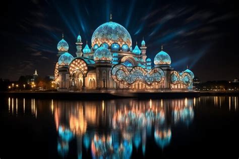 Luminous Mosque Illumination At Night Premium Ai Generated Image