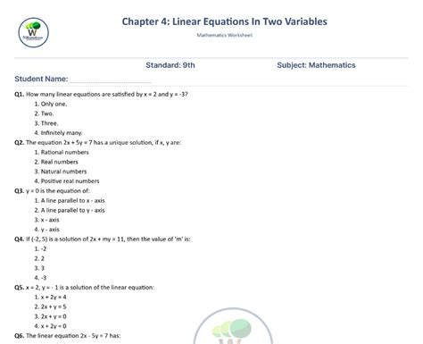 Linear Equations In Two Variables Class 9 Worksheet