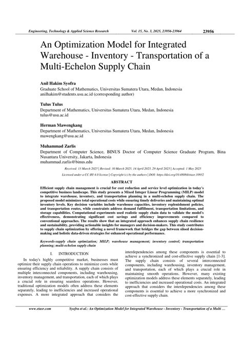 Pdf An Optimization Model For Integrated Warehouse Inventory Transportation Of A Multi