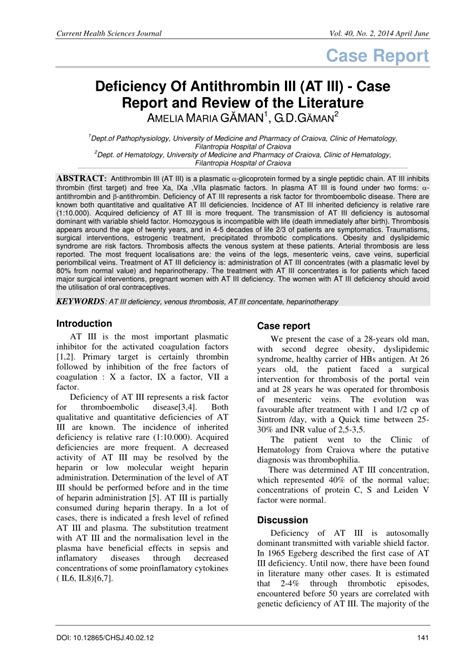 Pdf Deficiency Of Antithrombin Iii At Iii Case Report And Review