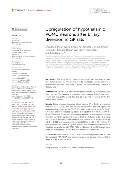 Pdf Upregulation Of Hypothalamic Pomc Neurons After Biliary Diversion In Gk Rats