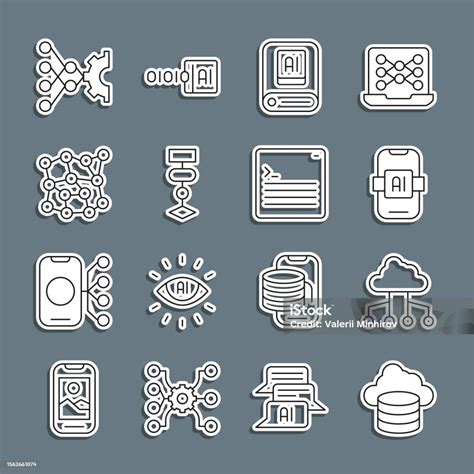 라인 클라우드 데이터베이스 네트워크 클라우드 연결 인공 지능 Ai 알고리즘 신경망 및 웹 개발자 프로그래밍 코드 아이콘을 설정합니다 벡터 개념에 대한 스톡 벡터 아트 및