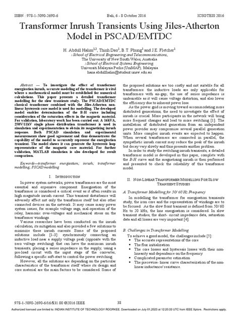 Transformer Inrush Transients Using Jiles Atherton Model In Pscad Emtdc Pdf Transformer