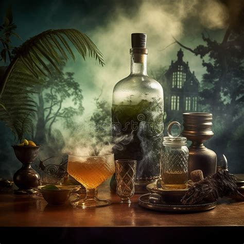 Halloween Style Image Of A Table Full Of Potions And Containers Full Of