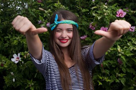 Happy Girl Model With Big Lips Show Thumb Up Photo Background And