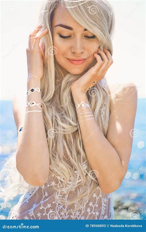 Beautiful Blonde Lady At Beach With Flash Tattoo Stock Image Image Of