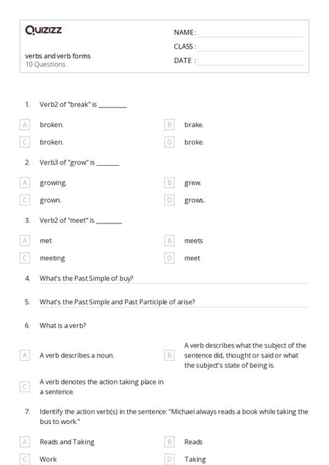 50 Verbs Worksheets For 4th Class On Quizizz Free And Printable