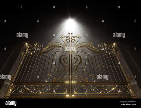 A Concept Of The Closed Golden Gates Of Heaven Spotlit From Above By An