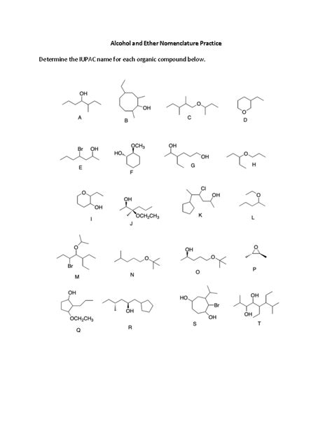 Alcohols And Ethers Nomenclature Practice Worksheet Alcohol And Ether Nomenclature Practice