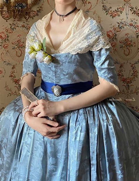 Regency Era Blue Jacquard Corset Dress With Lace Long Sleeve 1800s